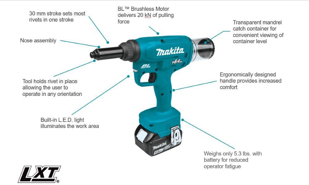 Makita 18V LXT Lithium-Ion Brushless Cordless 1/4in Rivet Tool Kit (5 ...
