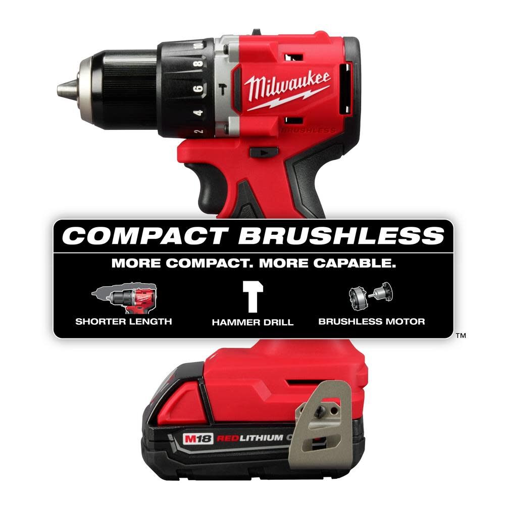 Milwaukee M18 Compact Brushless 1/2in Hammer Drill/Driver Kit 3602-21P ...