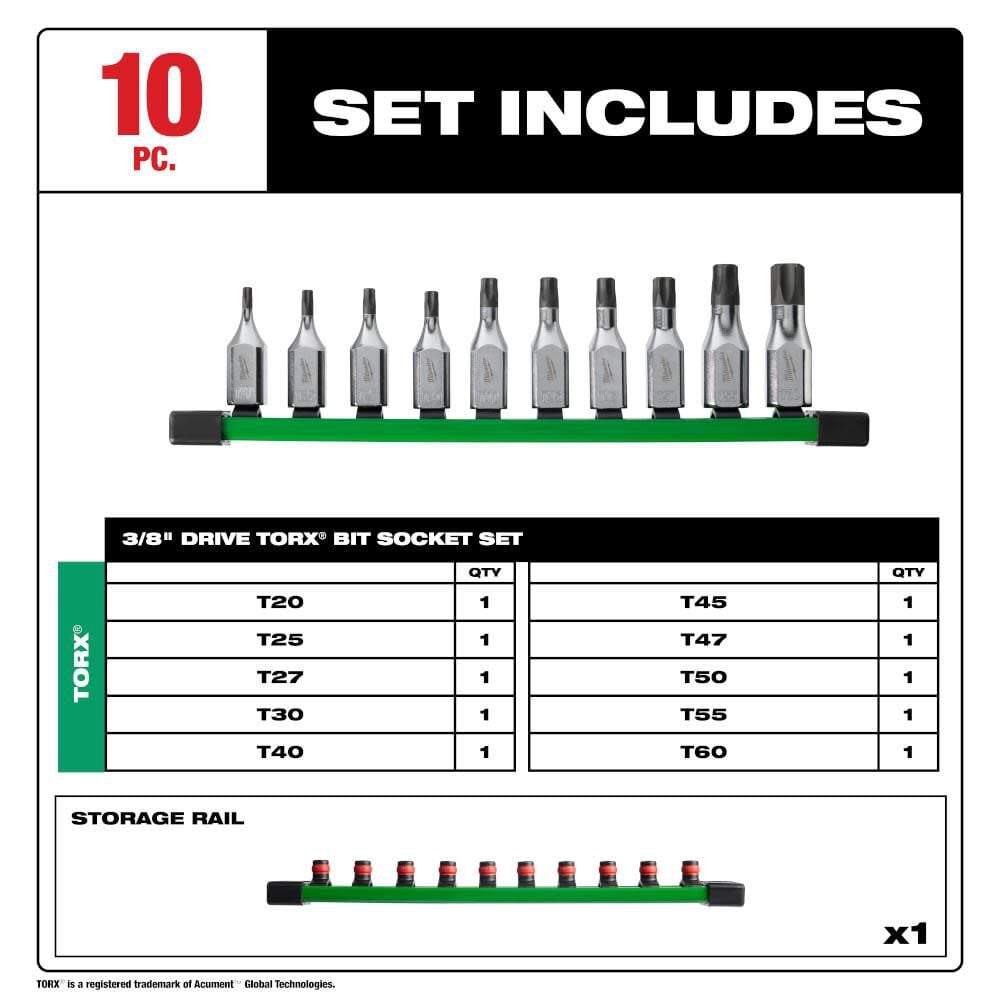Milwaukee 3/8 Inch Drive TORX Bit Socket Set 10pc 48-22-9531 - Acme Tools