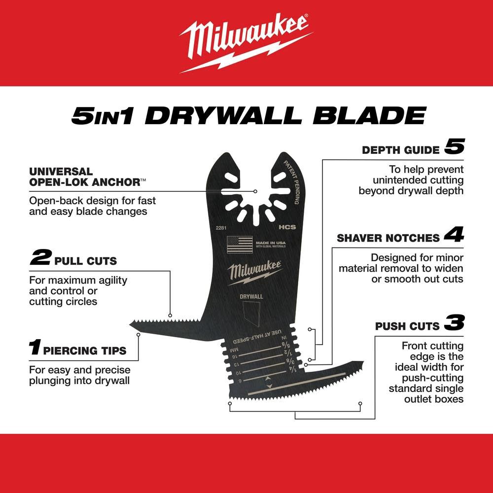 Milwaukee OPEN-LOK 5-IN-1 DRYWALL BLADE 1PK 49-25-2281 from Milwaukee ...