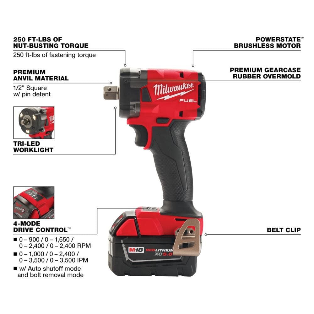 Milwaukee M18 FUEL 1/2inch Compact Impact Wrench with Pin Detent Kit ...