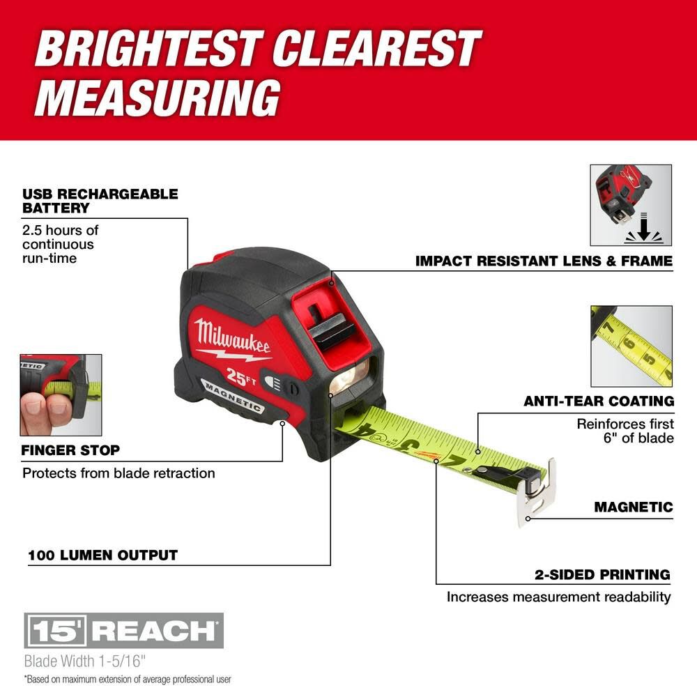 Milwaukee 25ft Wide Blade Magnetic Tape Measure with 100L Light 48-22 ...