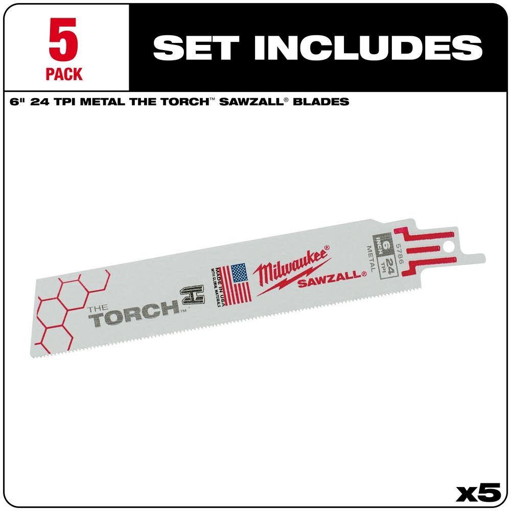 Milwaukee 6In 24TPI The Torch Sawzall Blades (5pk) 48-00-5786 - Acme Tools