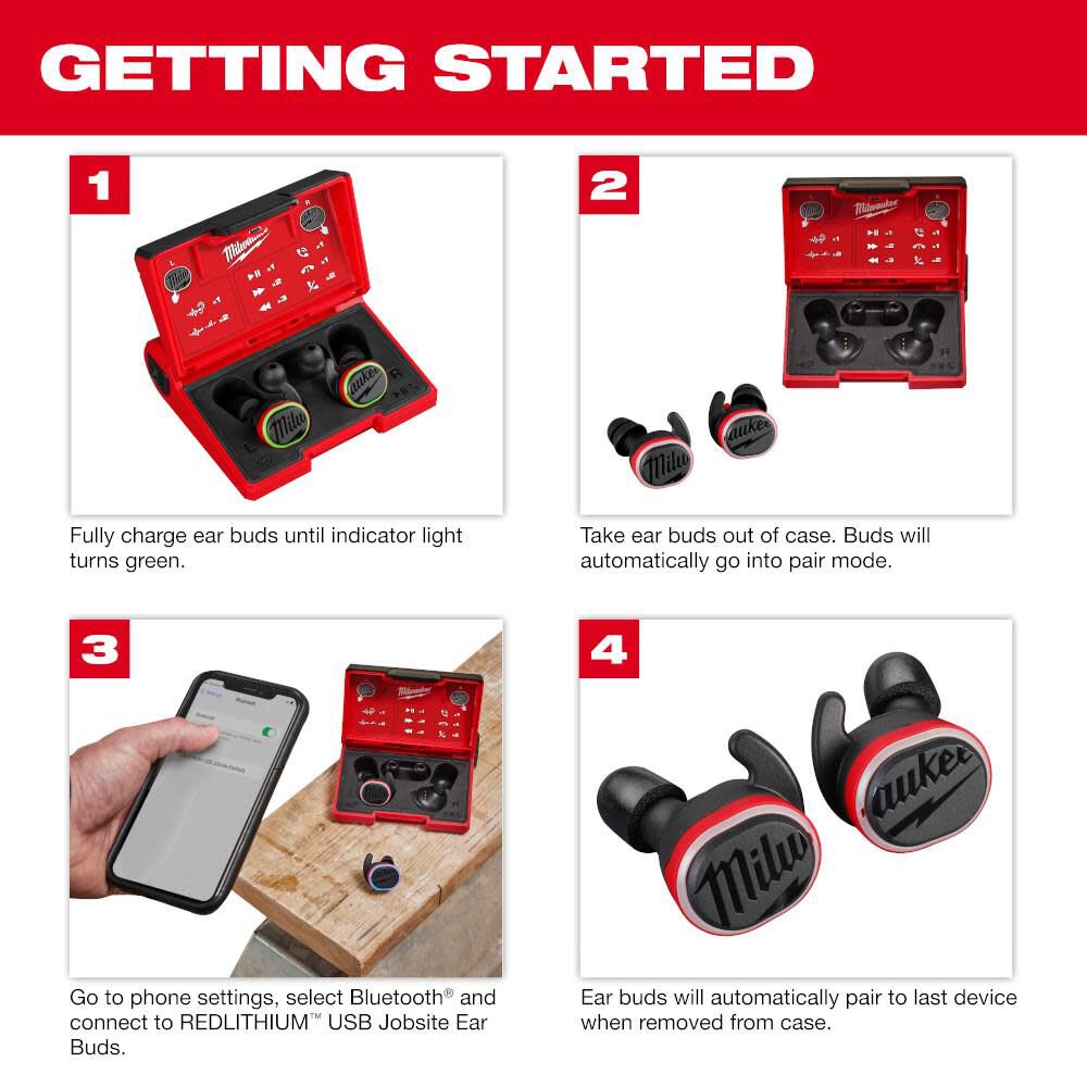 Milwaukee REDLITHIUM USB Bluetooth Jobsite Ear Buds 2191-21 - Acme Tools