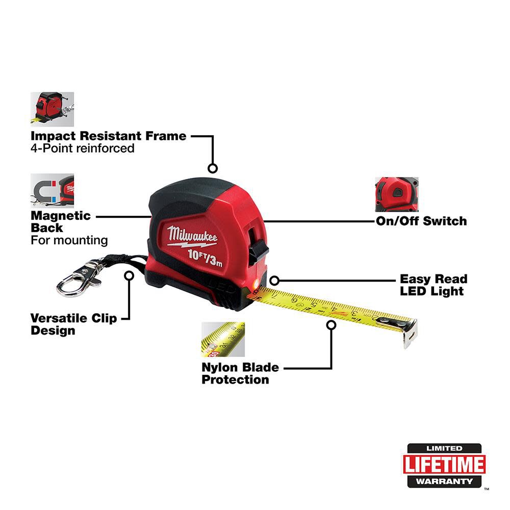 Milwaukee 10 Ft./Keychain Tape with LED 48-22-6601 - Acme Tools