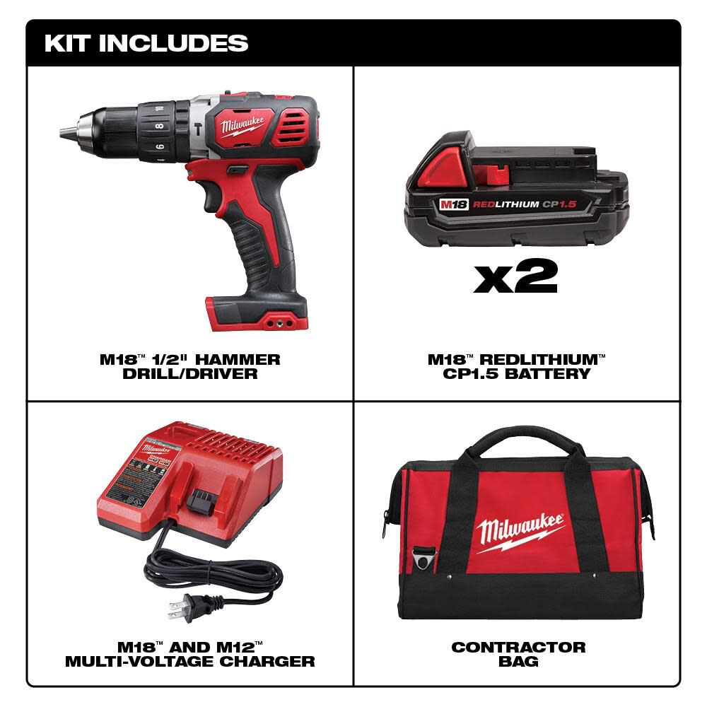 Milwaukee M18 Compact 1/2 in. Hammer Drill/Driver Kit with Compact ...