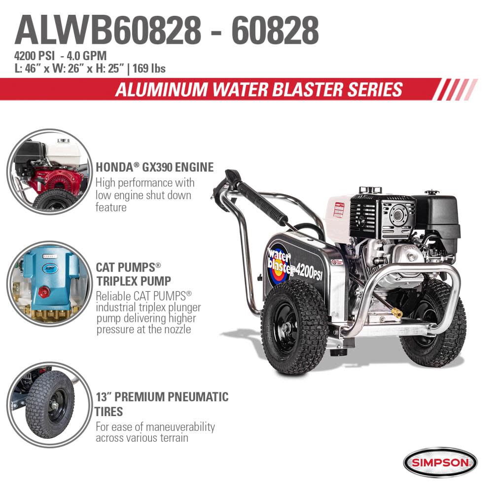 Simpson Aluminum Water Blaster 4200 PSI at 4.0 GPM HONDA GX390 with CAT Triplex Plunger Pump ...