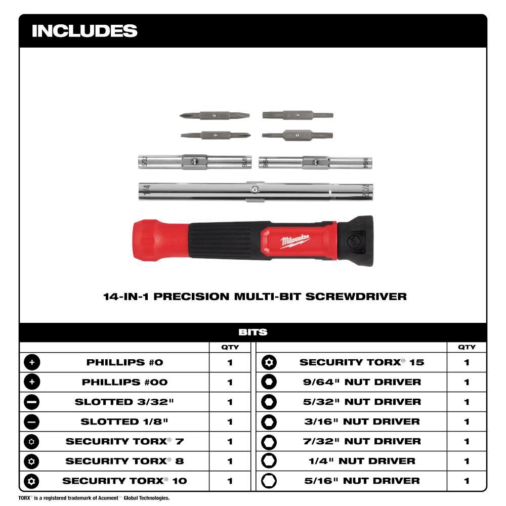 Milwaukee 14-in-1 Precision Multi-Bit Screwdriver 48-22-2933 - Acme Tools