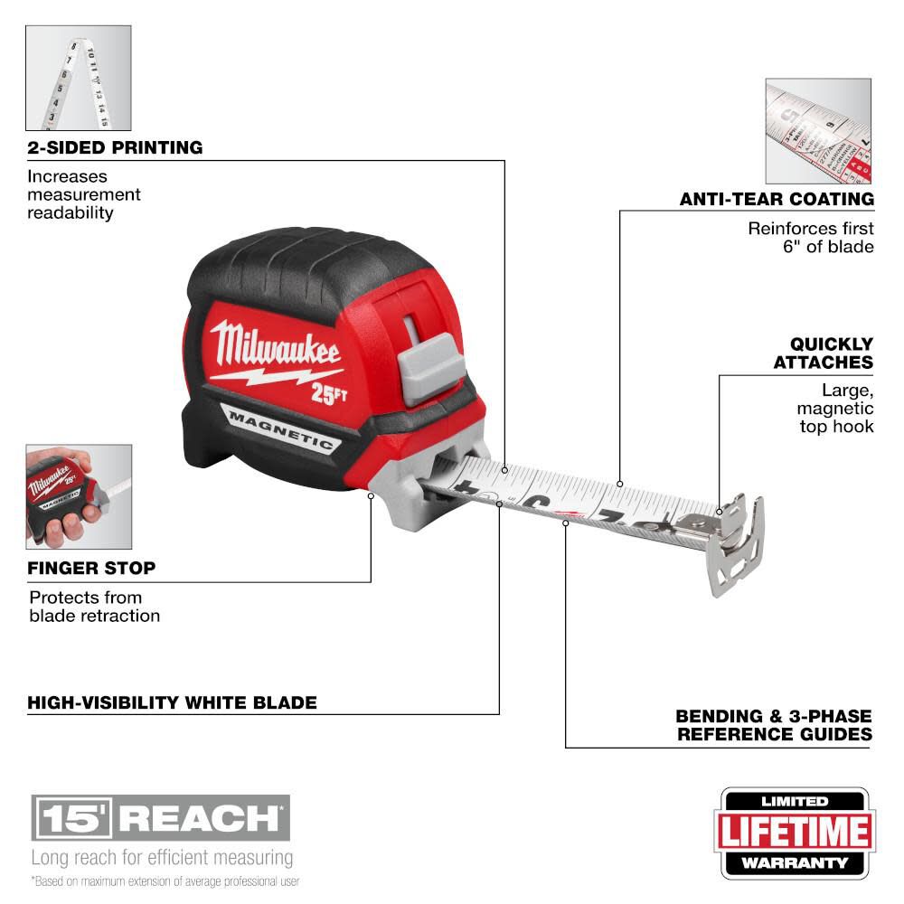 Milwaukee 25ft Tape Measure Electrician Compact Wide Blade Magnetic ...