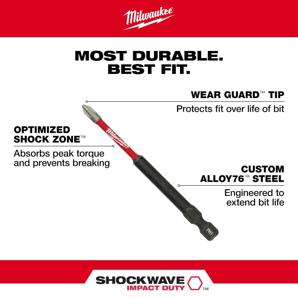Milwaukee SHOCKWAVE Impact Duty Magnetic Attachment & PH2 Bit Set 3pc ...