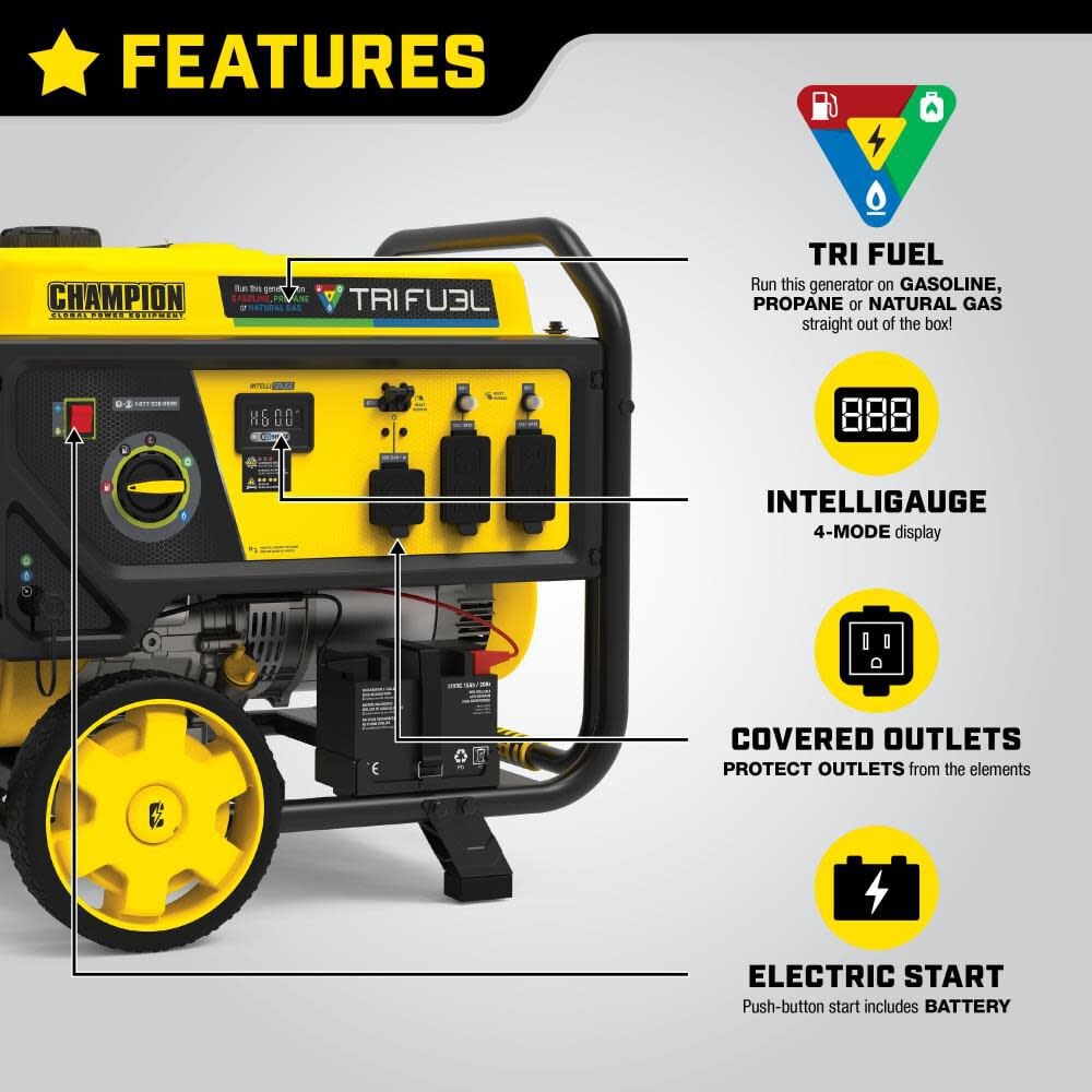 Champion Power Equipment Tri Fuel Portable Generator 6500 Watt with CO ...