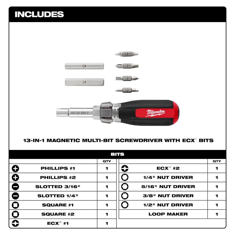 Milwaukee 13-in-1 Magnetic Multi-Bit Screwdriver 48-22-2917 - Acme Tools