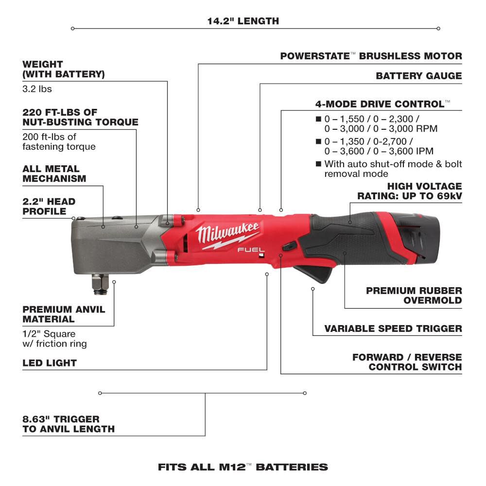 Milwaukee M12 FUEL 1/2inch Right Angle Impact Wrench Kit 2565-22 - Acme ...