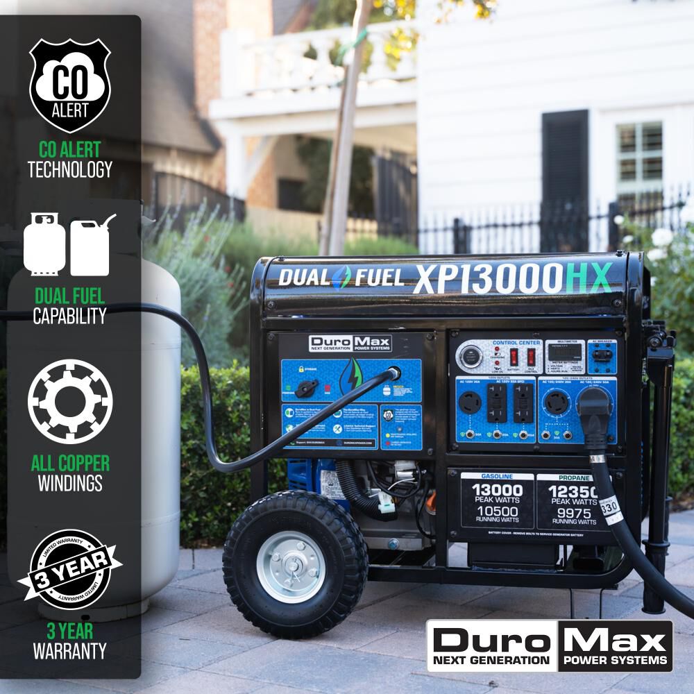 Duromax Generator with CO Alert 13000Watt 500cc Dual Fuel Gas Propane ...
