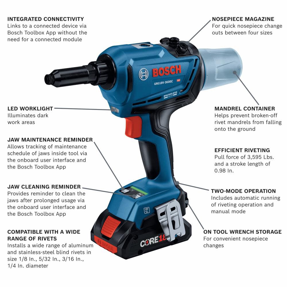 Bosch 18V Connected Rivet Tool Kit with 2ct CORE18V 4Ah Advanced Power ...