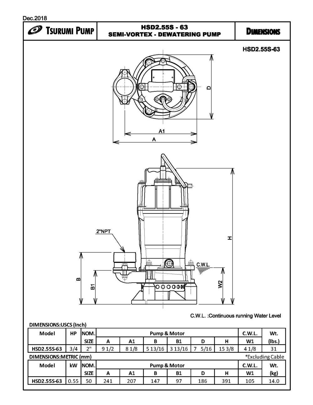 Tsurumi HSD2.55S Electric Submersible Pump HSD2.55S - Acme Tools