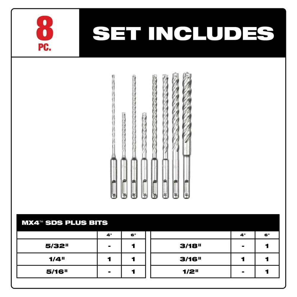 Milwaukee SDS Plus MX4 4 Cutter Drill Bit Kit 8pc 48-20-7663 from ...