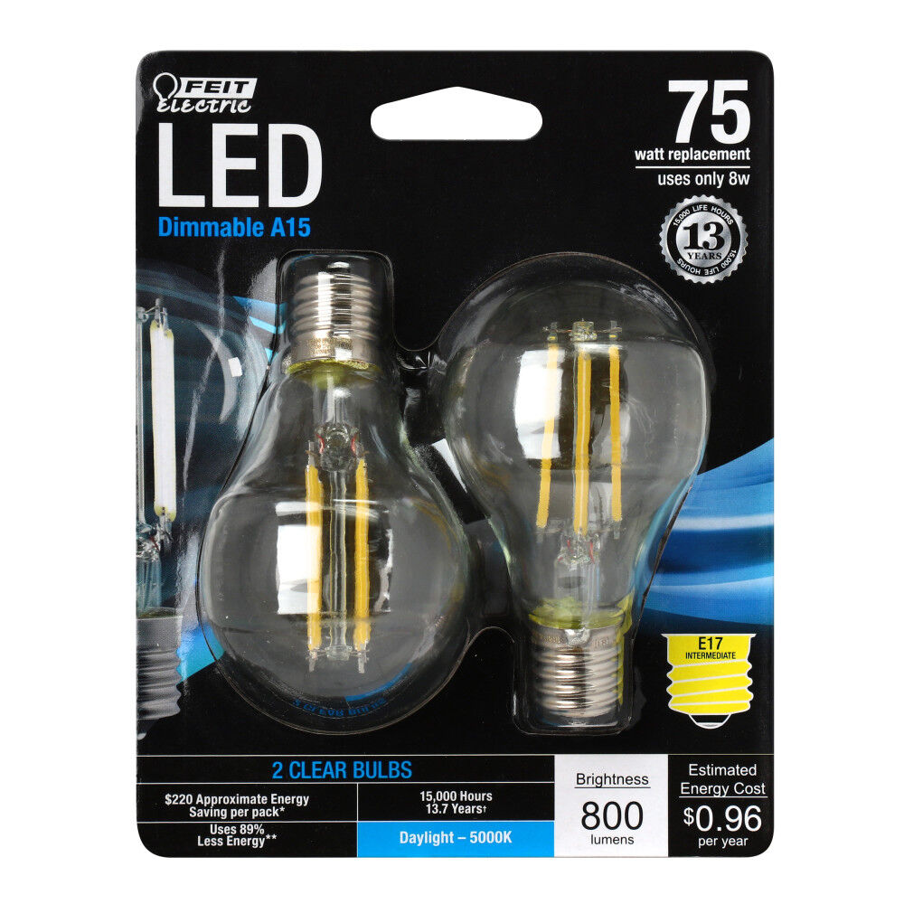 Feit Electric 75W A15 E17 5000K Glass Filament LED Bulb 2pk ...