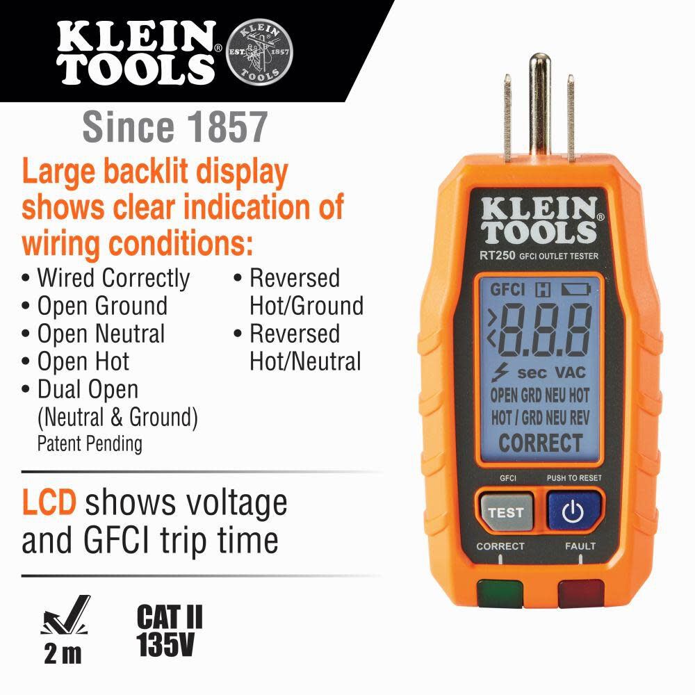 Klein Tools GFCI Receptacle Tester with LCD RT250 - Acme Tools