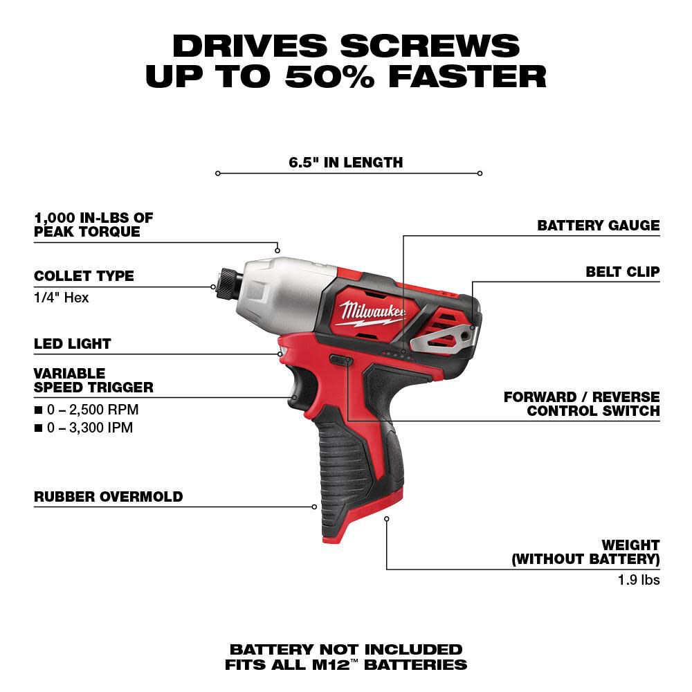 Milwaukee M12 1/4 In. Hex Impact Driver (Bare Tool) 2462-20 - Acme Tools