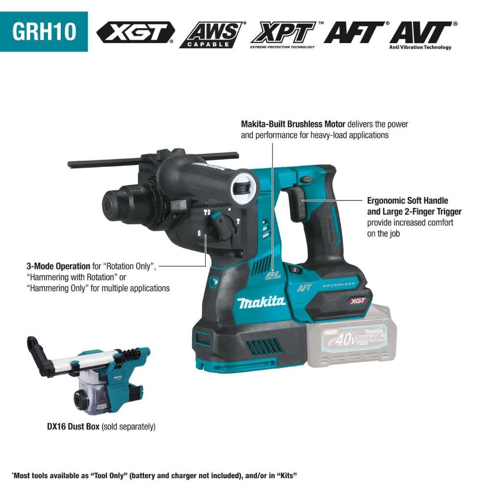 Makita 40V Max XGT Brushless Cordless 13/16in SDS-PLUS AVT Rotary Hammer (Bare Tool) GRH10Z ...