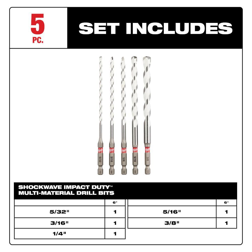 Milwaukee 5pc. SHOCKWAVE Carbide Multi-Material Drill Bits 48-20-8898 ...