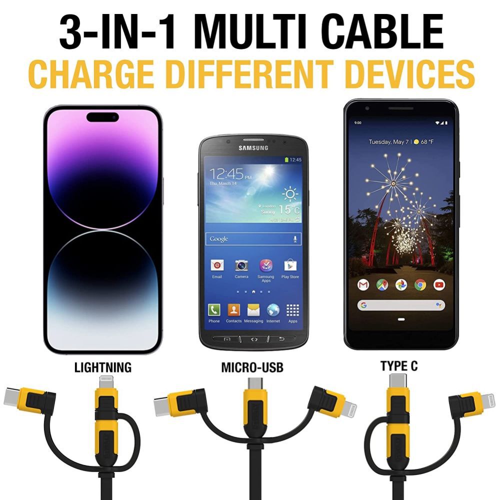 DEWALT USB to Micro to Type C Retractable 3-in-1 Phone Cord Black ...