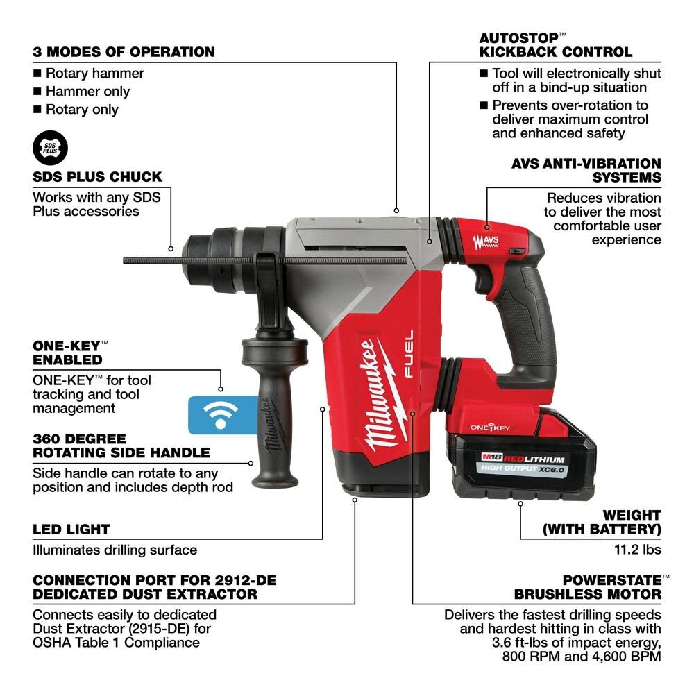 Milwaukee M18 FUEL 1 1/8inch SDS Plus Rotary Hammer ONE-KEY Dust ...