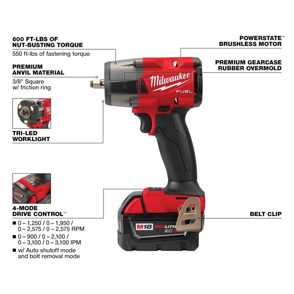 Milwaukee M18 FUEL 3/8inch Mid Torque Impact Wrench with Friction Ring ...