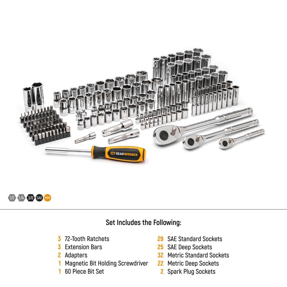 GEARWRENCH 115 Pc. 1/4, 3/8 Dr. SAE/MM Mechanics Hand Tool Racing Set ...