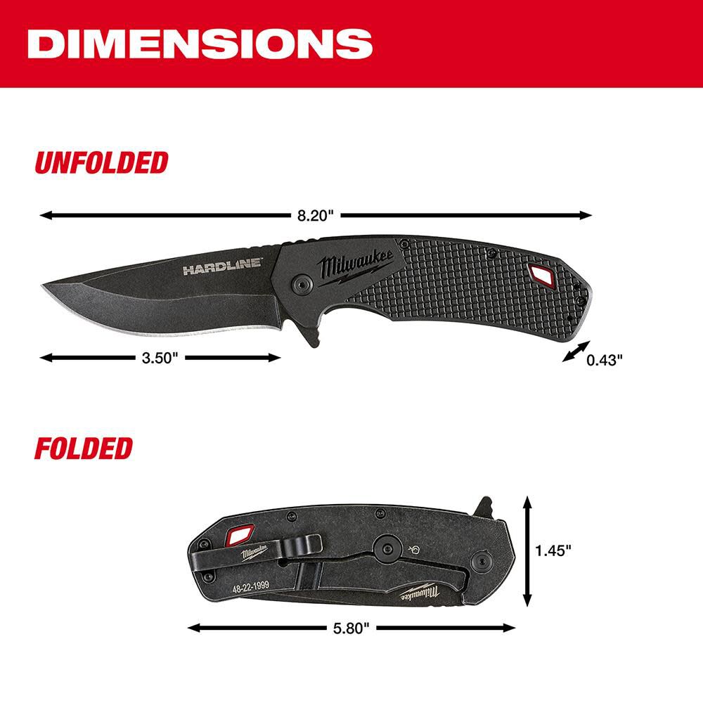 Milwaukee 3.5 in. HARDLINE Smooth Recurve Drop Point Blade Pocket Knife ...