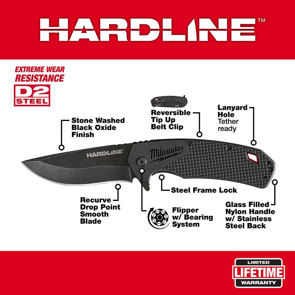 Milwaukee 3.5 in. HARDLINE Smooth Recurve Drop Point Blade Pocket Knife ...