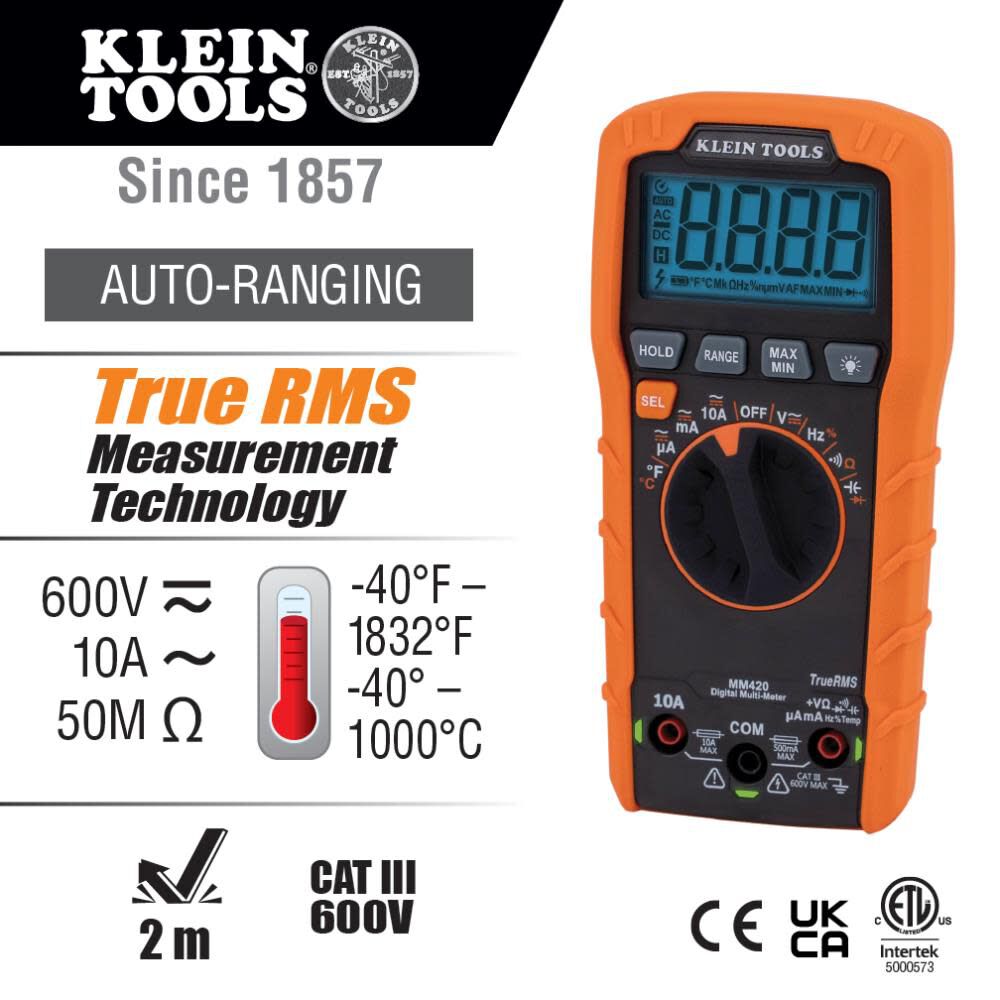 Klein Tools Multimeter TRMS Auto 600V Temp MM420 from Klein Tools ...