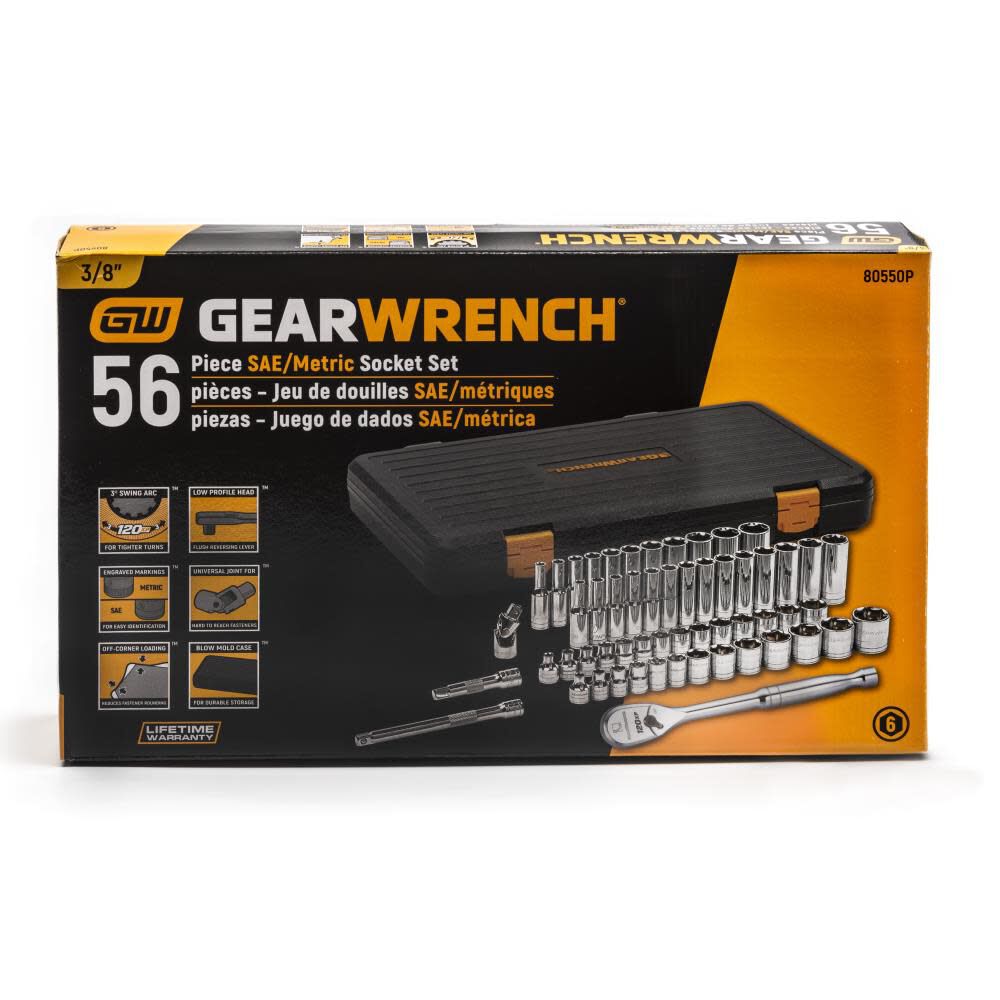 GEARWRENCH Mechanics SAE/Metric Tool Set 120XP 3/8in Drive 6 Point 56pc 80550P - Acme Tools