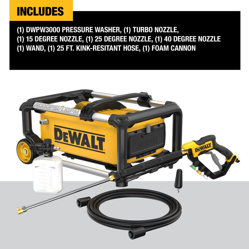 DEWALT 3000 PSI 1.1 GPM Electric Cold Water Pressure Washer with 4 Spray Nozzles DWPW3000 Acme Tools