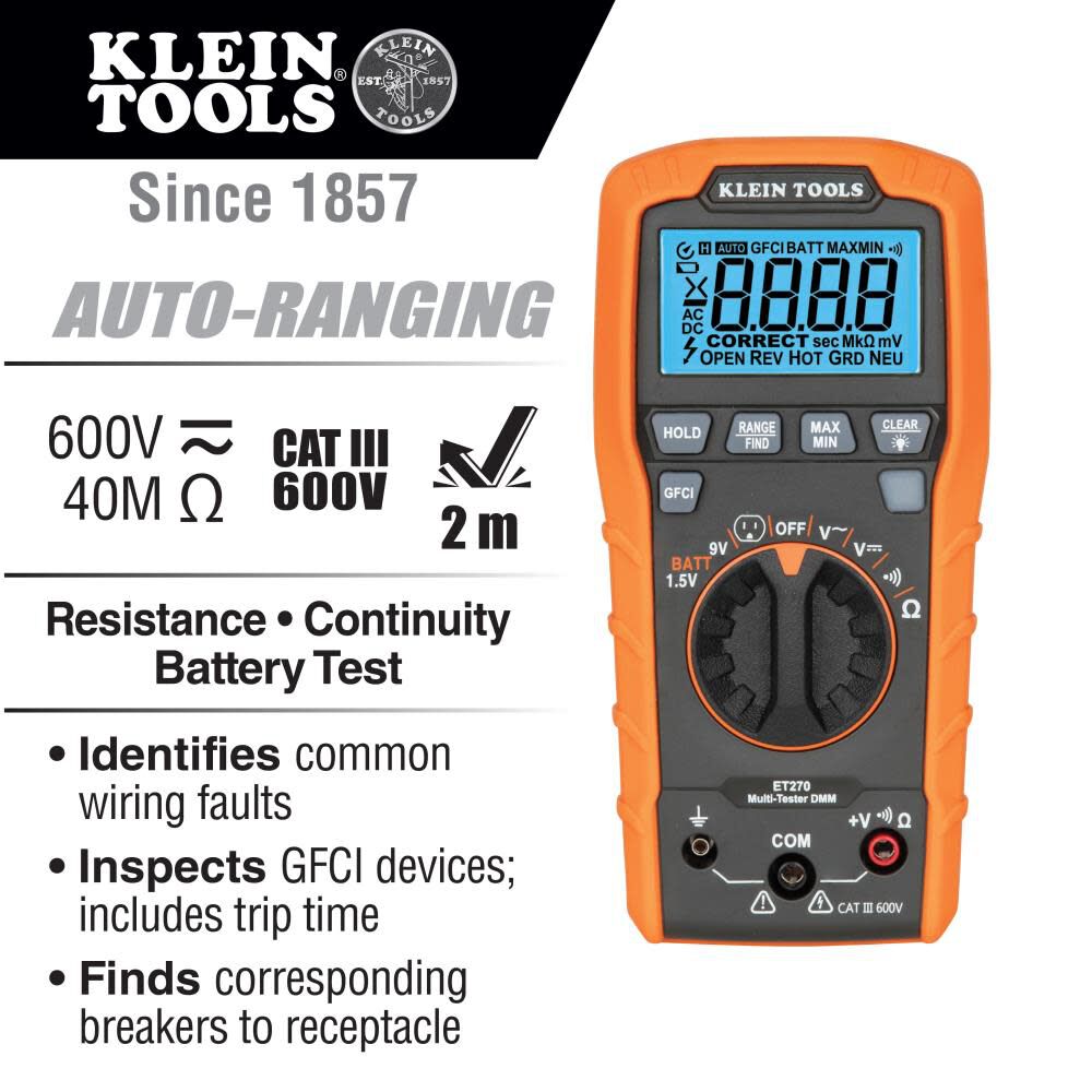 Klein Tools Digital Multi-Tester DMM with Receptacle Tester ET270 ...