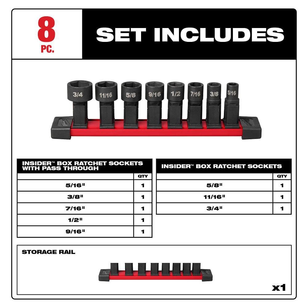 Milwaukee INSIDER Box Ratchet Socket SAE Set 8PC 49-16-1640 - Acme Tools