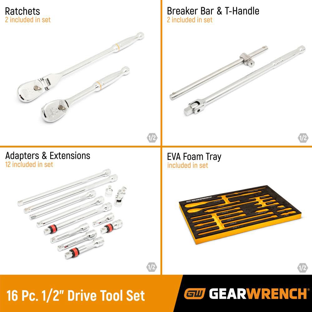 GEARWRENCH Ratchet & Drive Tool Set 1/2in 90T with EVA Foam Tray 16pc ...