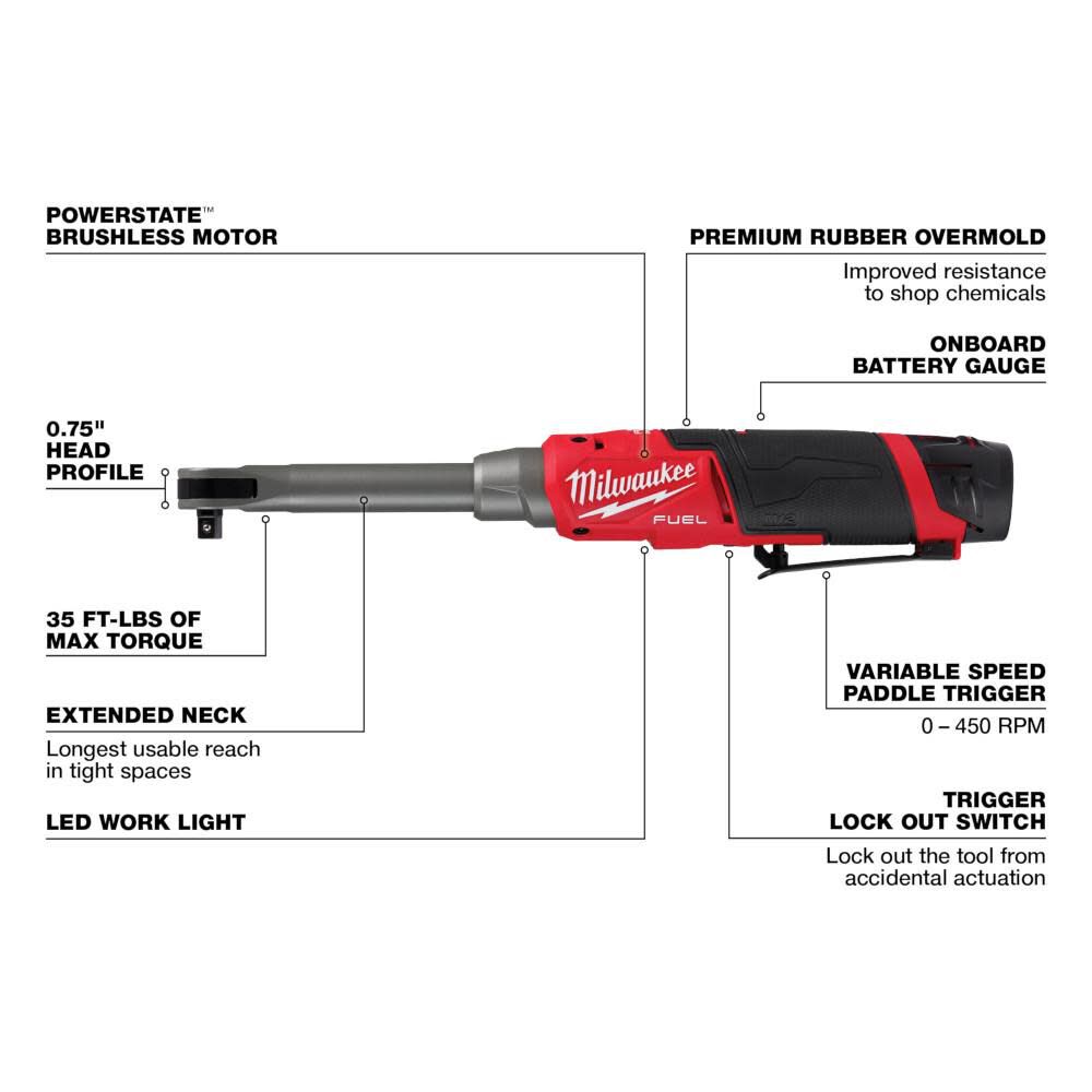 Milwaukee M12 FUEL 3/8inch Extended Reach High Speed Ratchet Kit 2569 ...