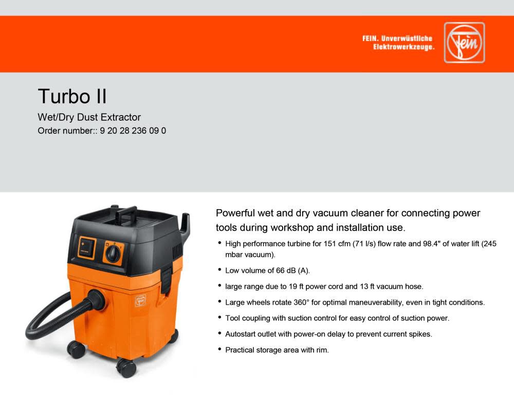 Fein Turbo II 9-20-28 Wet/Dry Vacuum 8.4 Gallon 92036236090 - Acme Tools