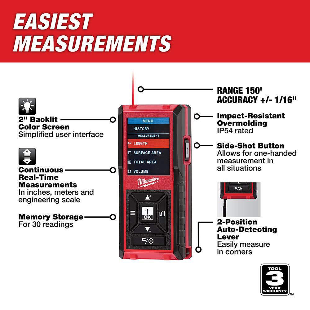 Milwaukee 150 Ft. Laser Distance Meter 48-22-9802 - Acme Tools