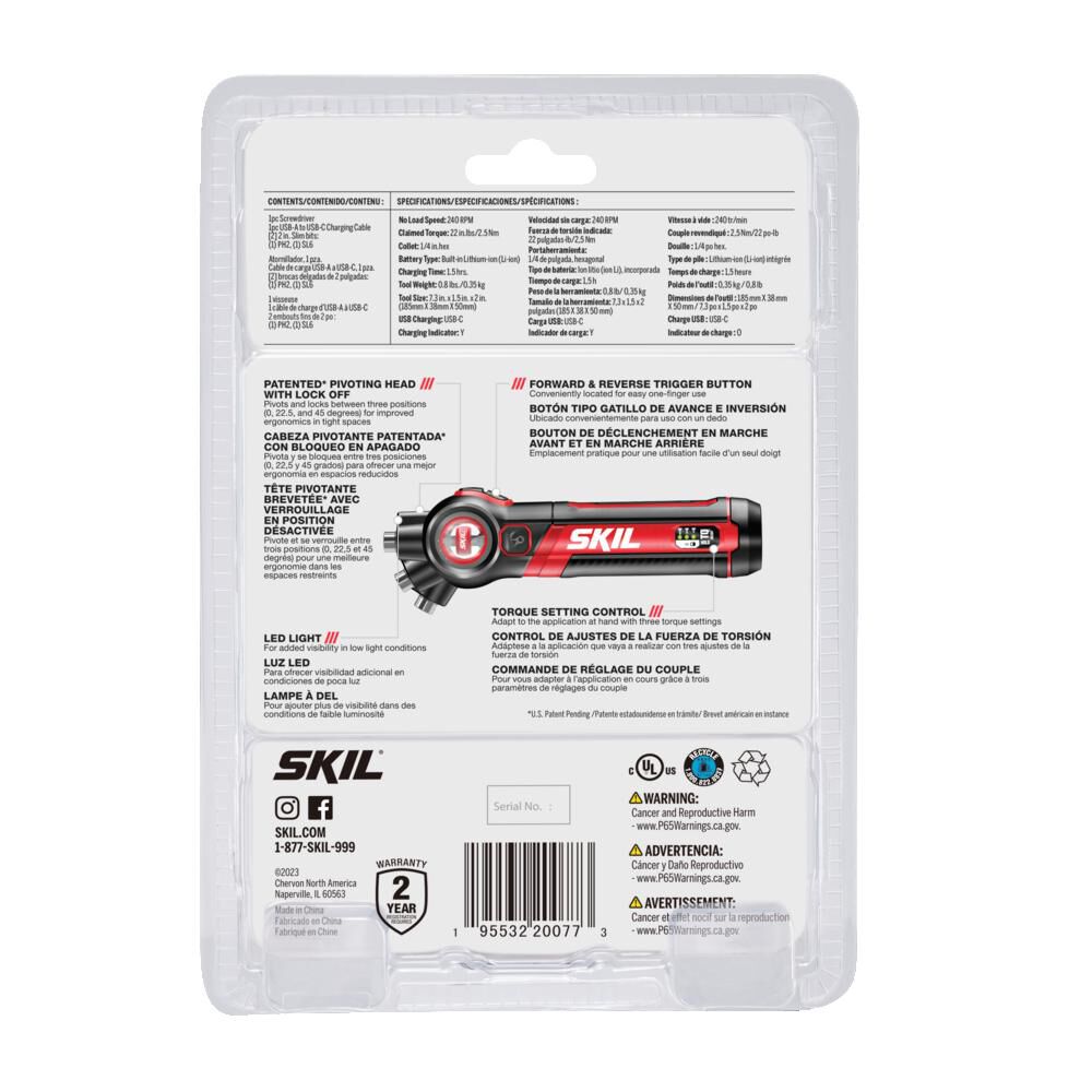 SKIL Twist 2.0 Rechargeable 4V Screwdriver with 2pc Bit Kit SD5619-01 ...