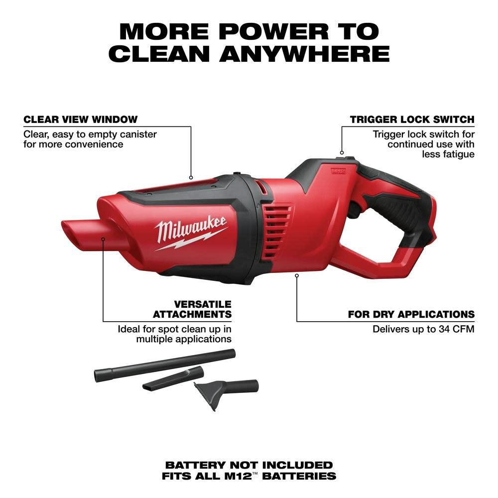 Milwaukee M12 Compact Vacuum (Bare Tool) 0850-20 - Acme Tools