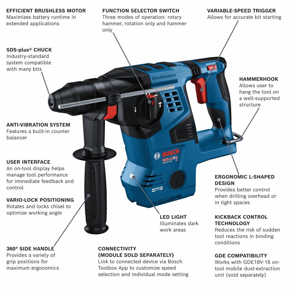 Bosch 18V Brushless Connected-Ready SDS-plus Bulldog 1-1/8in Rotary Hammer (Bare Tool) GBH18V ...