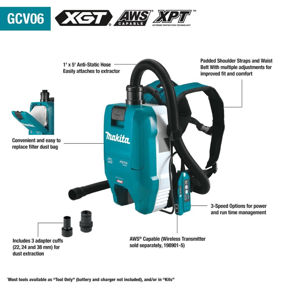 Makita 40V max XGT 1/2 Gallon HEPA Backpack Dry Dust Extractor (Bare ...