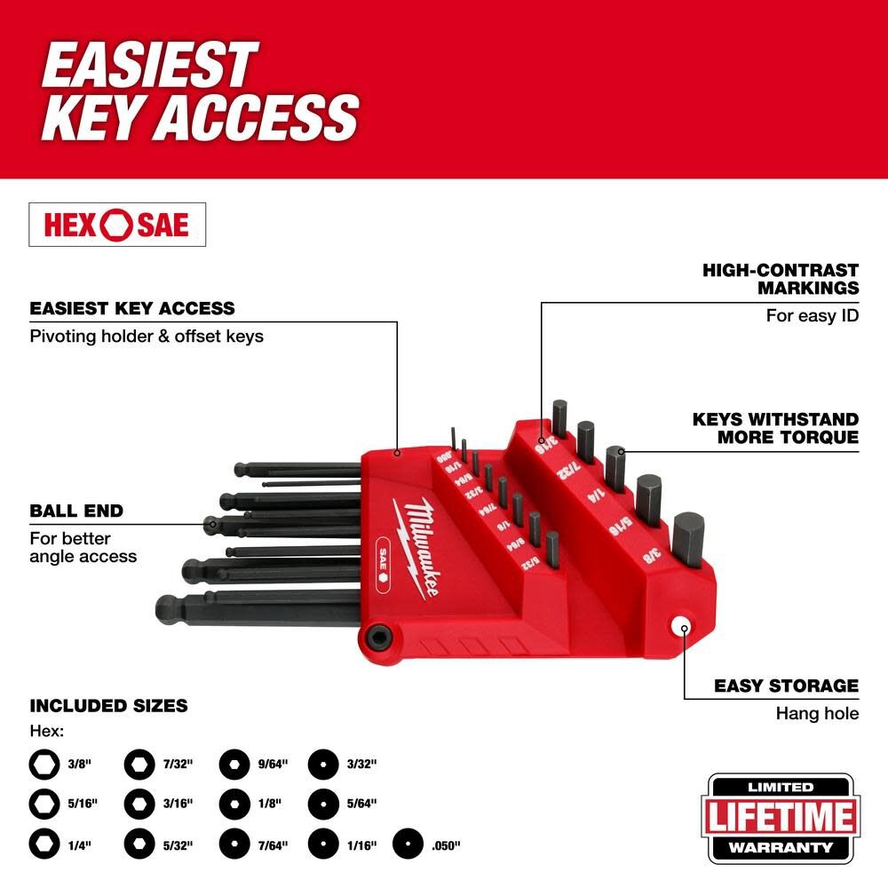 Milwaukee 13-Key Ball End L-Key Set SAE 48-22-2185 - Acme Tools