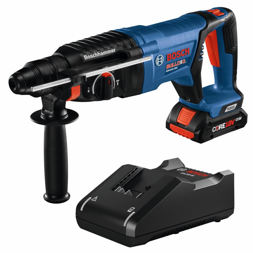 Bosch 18V EC SDS Plus Bulldog 1 in Rotary Hammer Kit with CORE18V 4Ah Compact Battery Factory ...