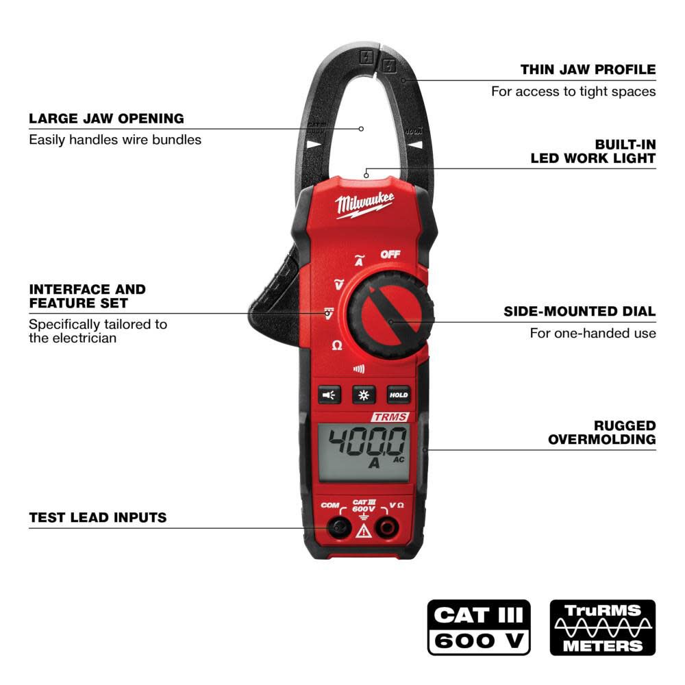 Milwaukee Heavy-Duty True-RMS 400 Amp Electrical Clamp Meter 2235-20 ...