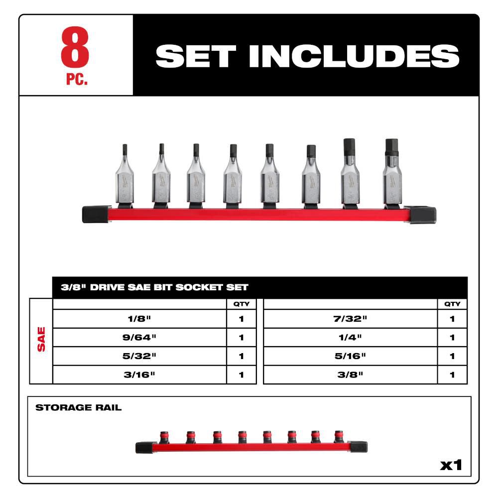 Milwaukee 3/8 Inch Drive Hex Bit SAE Socket Set 8pc 48-22-9542 - Acme Tools