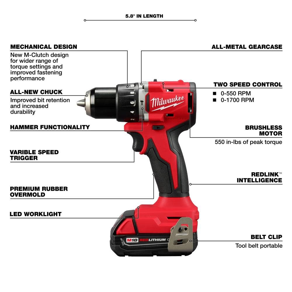 Milwaukee M18 Compact Brushless 1/2in Hammer Drill/Driver Kit 3602-21P ...